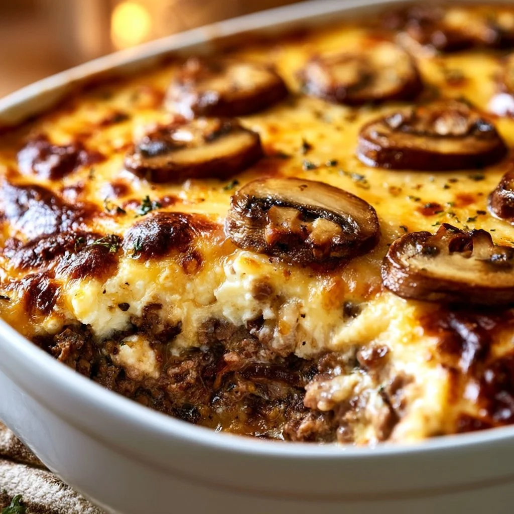 Quick Cottage Cheese Mushroom Swiss Burger Casserole