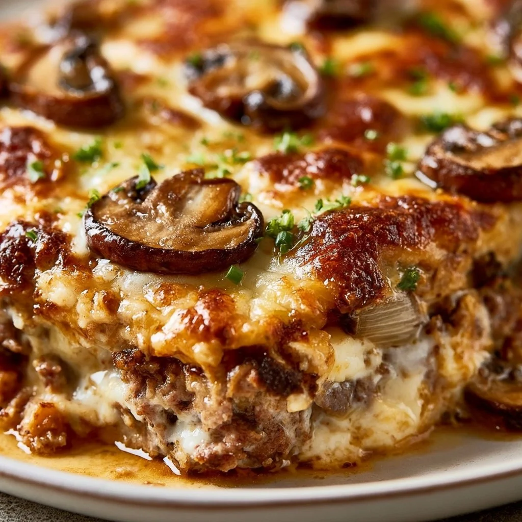 Quick Cottage Cheese Mushroom Swiss Burger Casserole